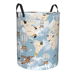 Pevtufa Animals Travel World Map Foldable Laundry Basket Organizer,Fabric Clothes Toy Storage Basket Nursery Hamper Storage Bin For Household Bedroom, Bathroom, College Dorm-Small