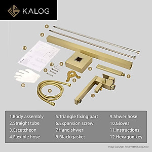 Kalog Single Handle Freestanding Tub Filler Floor Mount Bathtub Faucet with Square Handheld Shower (Brushed Gold-E)