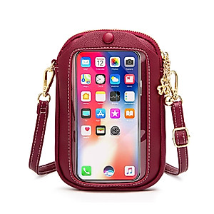 Aslana Touch Screen Phone Bag Vertical Small Crossbody Bag Handbag for Women (Wine Red)