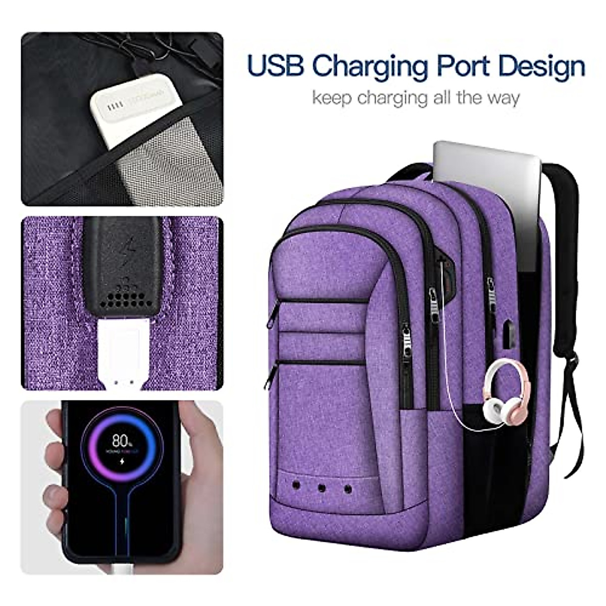 LCKPENG Large Backpack, Travel Laptop Backpack with USB Charging Port, Travel Backpack with 17.3 Inch Laptop Compartment for Women, Business Travel Computer Flight Approved Carry on Backpack, Purple