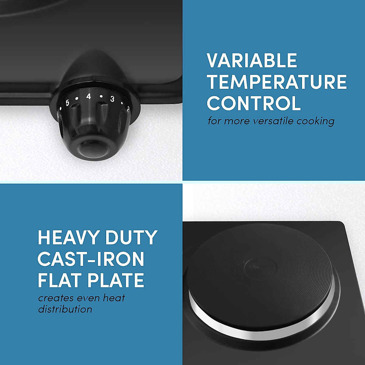 Elite Gourmet ESB-301BF# Countertop Single Cast Iron Burner, 1000 Watts Electric Hot Plate, Temperature Controls, Power Indicator Lights, Easy to Clean, Black