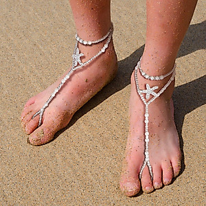 4 Pairs Beach Barefoot Sandals for Women Girls Foot Jewelry Starfish Pearls Turquoise Beaded Elastic