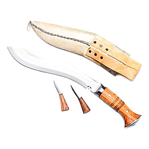 MASUM 10” Blade Operation Kukri, Panawal Full Tang Gurka Khukri, Double Fuller Sharp Blade Khukuri, Beige Leather Scabbard w/ 2 extra utility knives, Handmade in Nepal Khukri