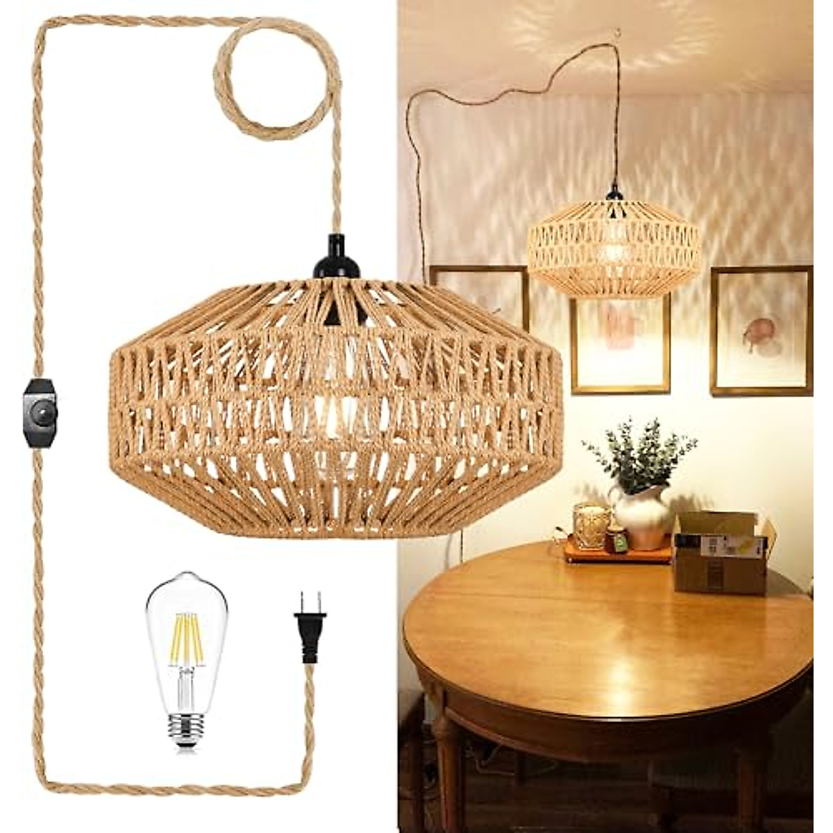QIYIZM Plug in Pendant Light Hanging Lights with Cord Rattan Boho Hanging Lamp Dimmable,Wicker Bamboo Woven Lamp Shade,Ceiling Light Fixture for Living Room Bedroom Kitchen