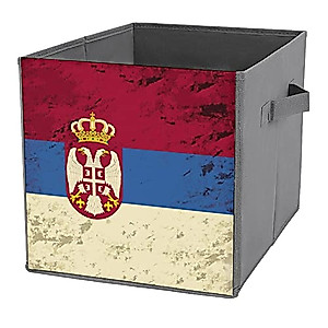 Vintage Serbian Flag Storage Bins Cubes Foldable Fabric Organizers with Handles Clothes Bag Book Box Toys Basket for Shelves Closet 10.6"