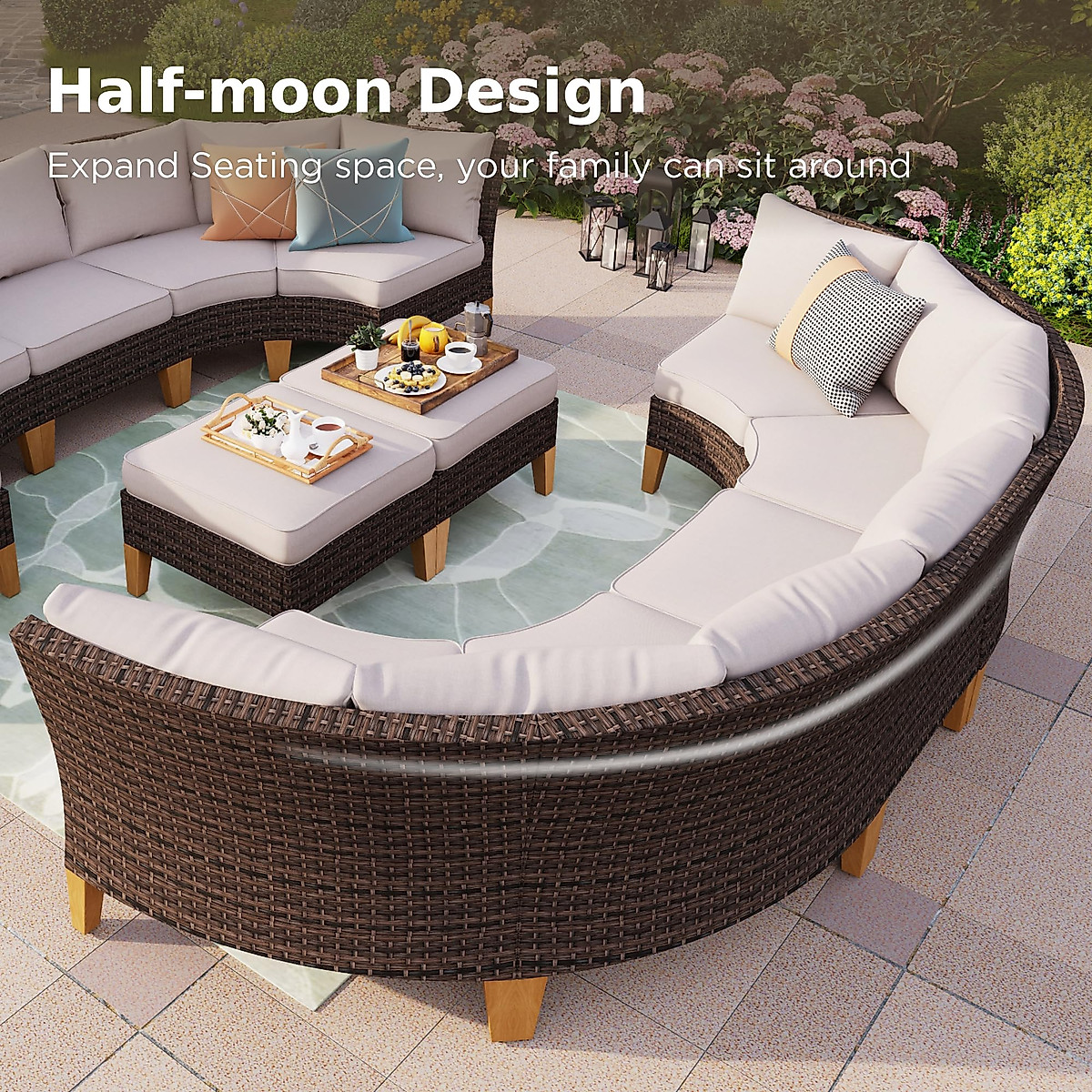 PHI VILLA Outdoor Patio Furniture 9 Seat Half-Moon Curved Sectional Oversized Wicker Sofa Set with Cushions, Beige for Poolside,Garden