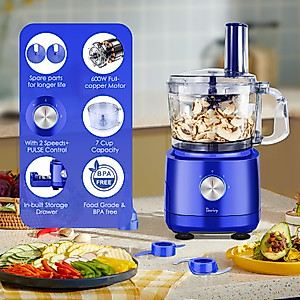 Davivy Food Processor 7 Cup,Built-in Storage Drawer Small Food Processor with 10 set blades,French fry cutting,Wavy slicing for Home Use,3-Speed, Blue,600W