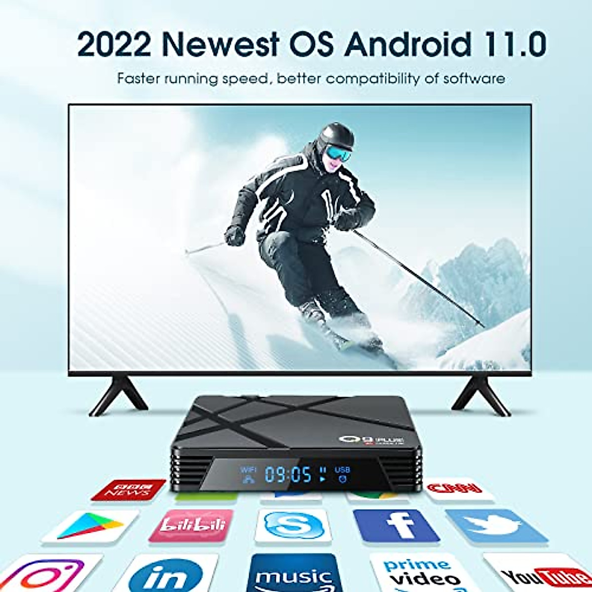 Android TV Box 11.0, 2022 Newest Android TV Box 4GB RAM 32GB ROM with RK3318 Quad-Core，Android Box Support Dual- WiFi 2.4G/5GHZ 100M LAN 6K HDR/BT4.2/3D/ USB 3.0 with Wireless Mini-Keyboard TV Box