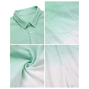 Mens Gradient Linen Shirts Casual Button Down Short Sleeve Beach Hippie Shirts Mint Green