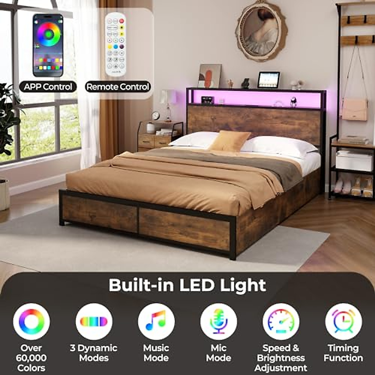 Giantex Queen Bed Frame with LED Lights Headboard and 4 Storage Drawers, Metal Platform Bed with Outlets and USB Ports Charging Station, Smart LED Bed Frame, Easy Assembly, No Box Spring Needed