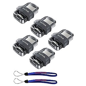 SanDisk Ultra 32GB (Five Pack Bundle) Dual Drive m3.0 (SDDD3-032G-G46) works with Android Devices and Computers Flash Drive with Everything But Stromboli (TM) Lanyard