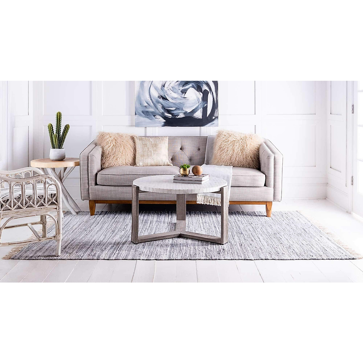 Unique Loom Chindi Cotton Collection Soft Hand Woven Natural Fiber Striped Area Rug, 9 ft x 12 ft, Gray/Ivory