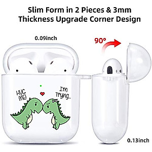 JOYLAND Soft Clear Case Cover for AirPod 1&2 w/Keychain Ring Carabiner Clip,Dinosaur Couple Case Transparent Wireless Earphone Case Smooth Anti-dust Flexible Silicone Protective Cover fr AirPods 1 & 2