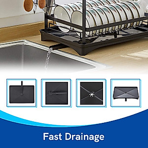 Flaovoth 2 Tier Dish Drying Rack, Dish Drainers for Kitchen Counter Dish Rack with Drying Drainboard, Adjustable Swivel Spout, Cutlery Caddy, Cup Hanging Holder, Spoon Rack and Knife Holder, Black