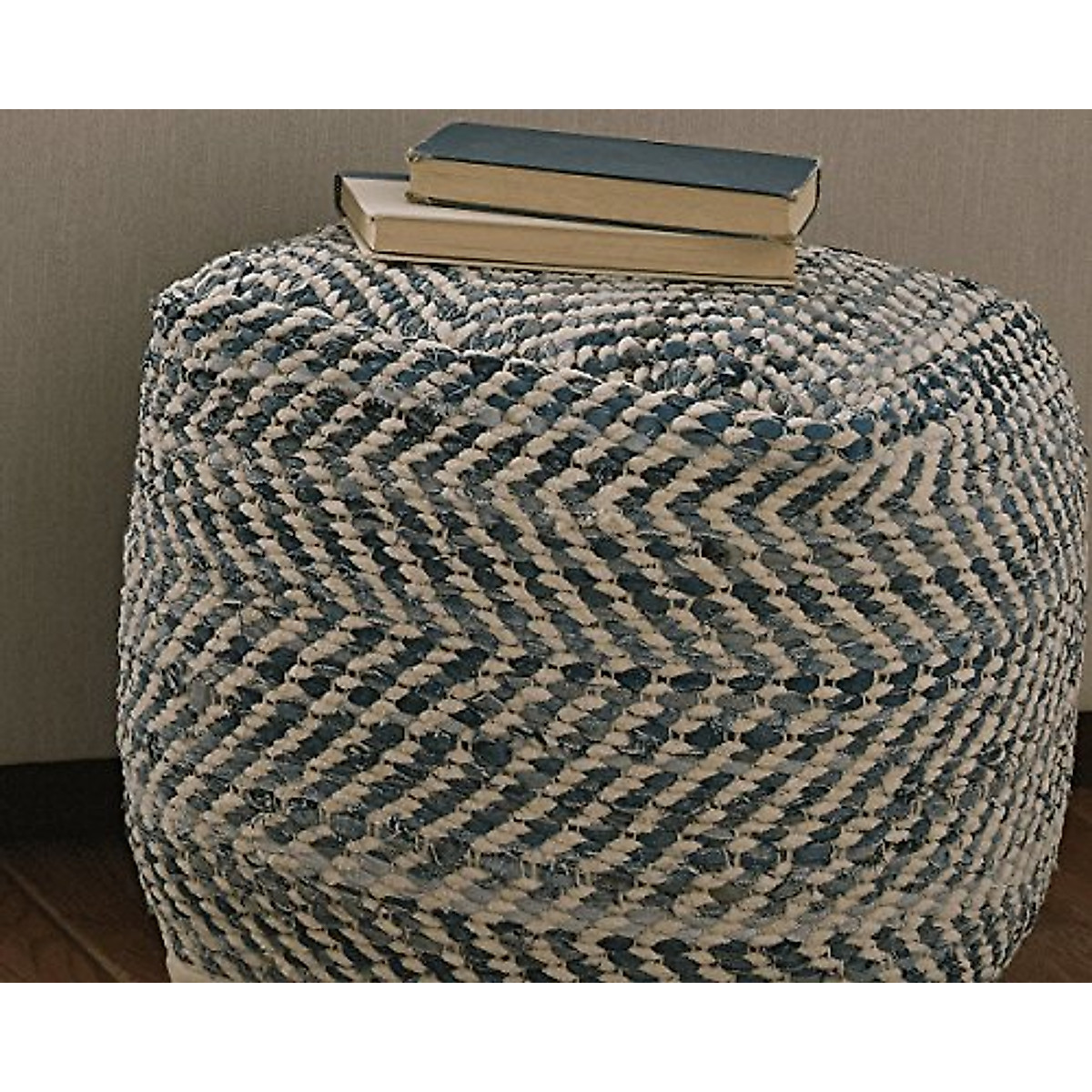 Signature Design by Ashley Chevron Handmade Woven Pouf 18 x 18, Blue and White