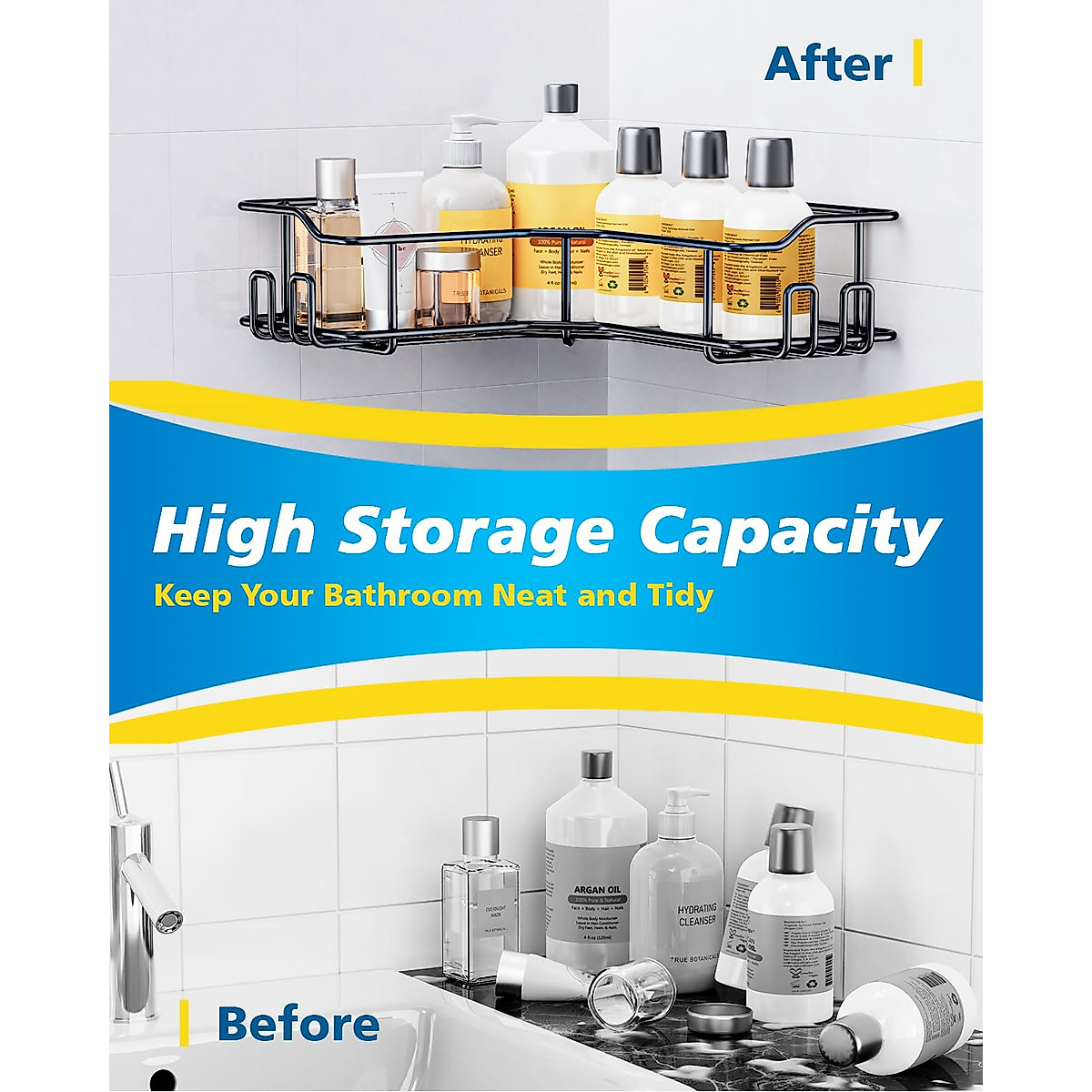 Coraje 2 Pack L-Shape Black Modern, Minimalist Shower Caddy, Adhesive Shower Organizer, Stainless Steel, 40 lbs Capacity