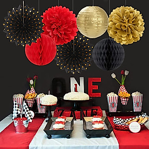 Red-Black Gold Party Decorations Streamers Lanterns - 14pcs Casino-Theme Graduation 2024 Paper Fan,Game Night Wedding Birthday Baby Bridal Shower Tissue Pom Poms,Honeycomb Balls Decor Ouruola