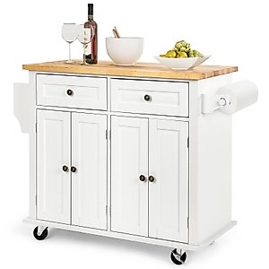 TUSY 43" Kitchen Island with Storage, Rolling Kitchen Cart with Lockable Wheels, Solid Wood Tabletop Kitchen Island Table for Kitchen, Living Room, White