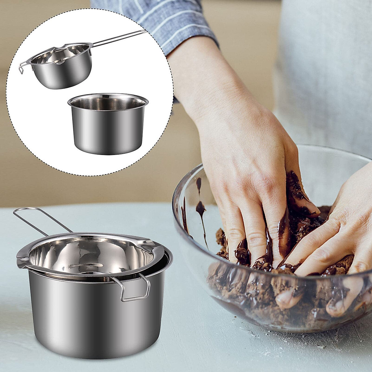 EXCEART 1 Set Double Boiler Pot Stainless Steel Water Boiling Melting Pot with Dual Pour Spout for Candle Butter Chocolate Cheese Caramel 400ml