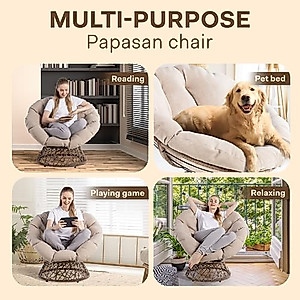 Bme Ergonomic Wicker Papasan Chair with Soft Thick Density Fabric Cushion, High Capacity Steel Frame, 360 Degree Swivel for Living, Bedroom, Reading Room, Lounge, Sepia Sand - Brown Base