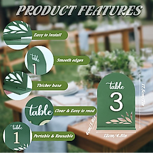 10 Pcs Wedding Table Number Wooden Arch Wedding Reception Number Centerpiece Set 5" X 7" Tables Number Sign with Wooden Base Rustic Country Wedding Olive Green Wedding Party Decor