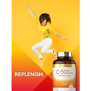 Carlyle Vitamin C with Rose Hips 500mg | 200 Caplets | High Potency Formula | Vegetarian, Non-GMO and Gluten Free Supplement