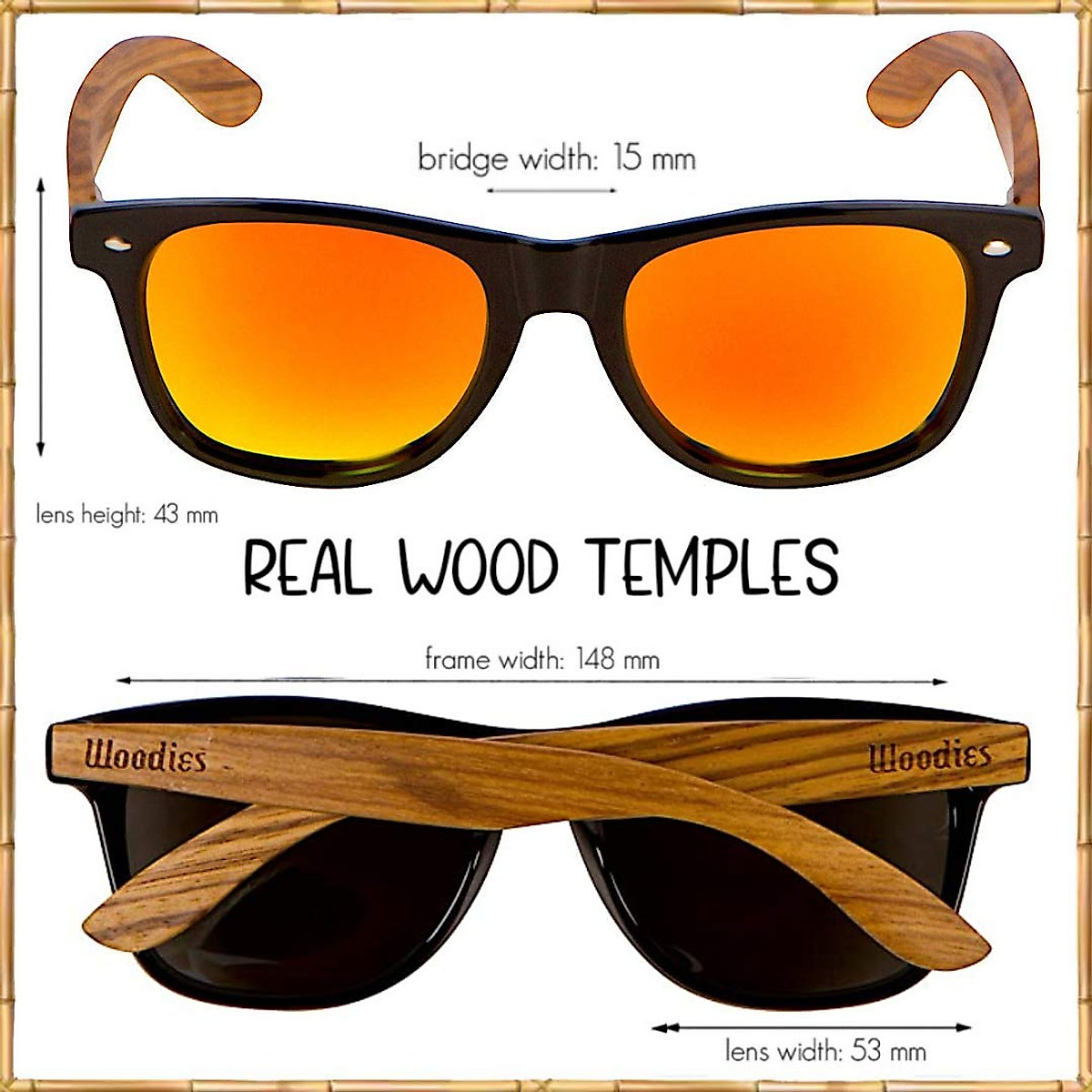 Woodies Zebra Wood Sunglasses with Orange Mirrored Polarized Lens and Real Wooden Frame for Men and Women | 100% UVA/UVB Protection