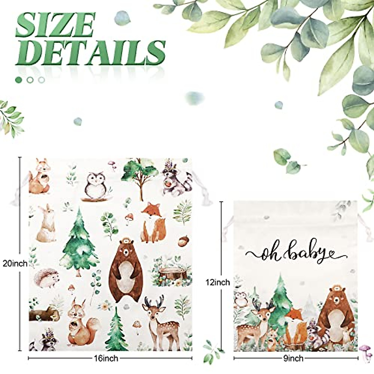 2 Pcs Woodland Animal Baby Shower Drawstring Bags Large Gift Bags 20/12 Inch Fabric Canvas Party Favor Bags Reusable Gift Wrap Bags for Woodland Baby Shower Gender Reveal Birthday Party