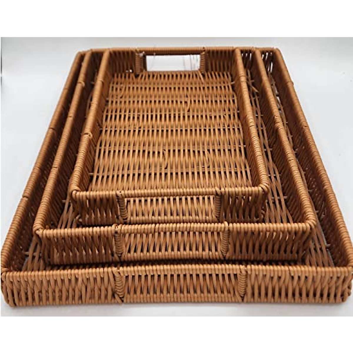 Set of 3 Rectangle Rattan Serving Tray - Large, Regular and Small Hand Woven Wicker Baskets with Handles - Breakfast Drinks Coffee Snack Fruit Storage Platter Trays - Tabletop Organizers Home Decor