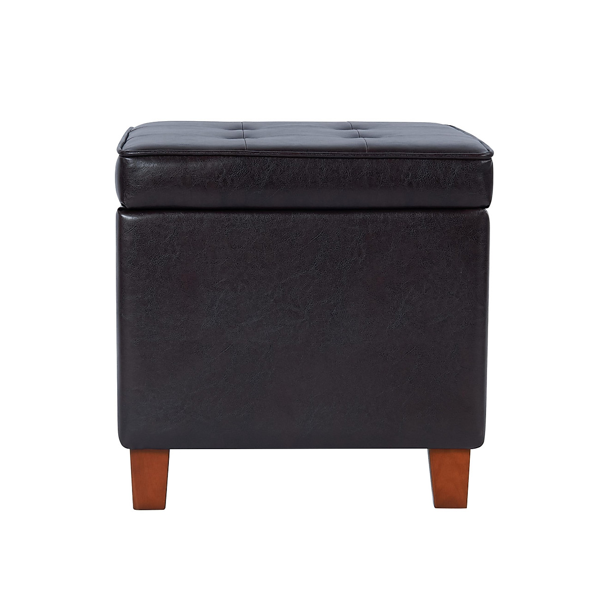 HomePop Leatherette Tufted Square Storage Ottoman with Hinged Lid, Brown