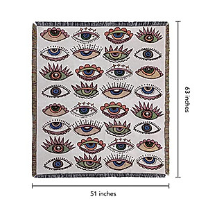 tiowik 32 Eyes Throw Woven Blanket with Tassel for Home Decoration Chair Couch Sofa Bed Beach Travel Picnic Cloth Tapestry Shawl Cozy Cotton (White 63×51 Inches)
