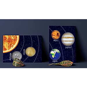 KAIRNE Kids Space Room Decor Framed Outer Space Wall Art Set Of 3 (12X16inch) Kids Picture Planets Pictures Solar System Educational Teaching Poster for Boys Room Nursery Kids Playroom Decor