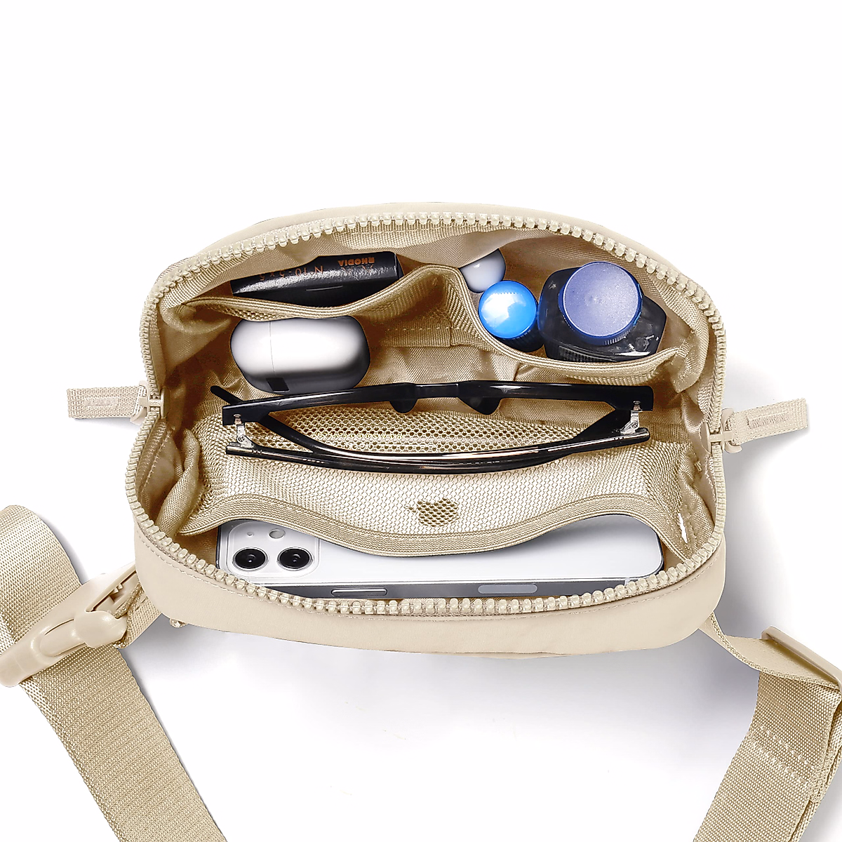 AslabCrew 2-Way Zipper Unisex Belt Bag with Adjustable Strap Fanny Packs Mini Waist Pouch for Outdoor Hiking Running Travel, Beige