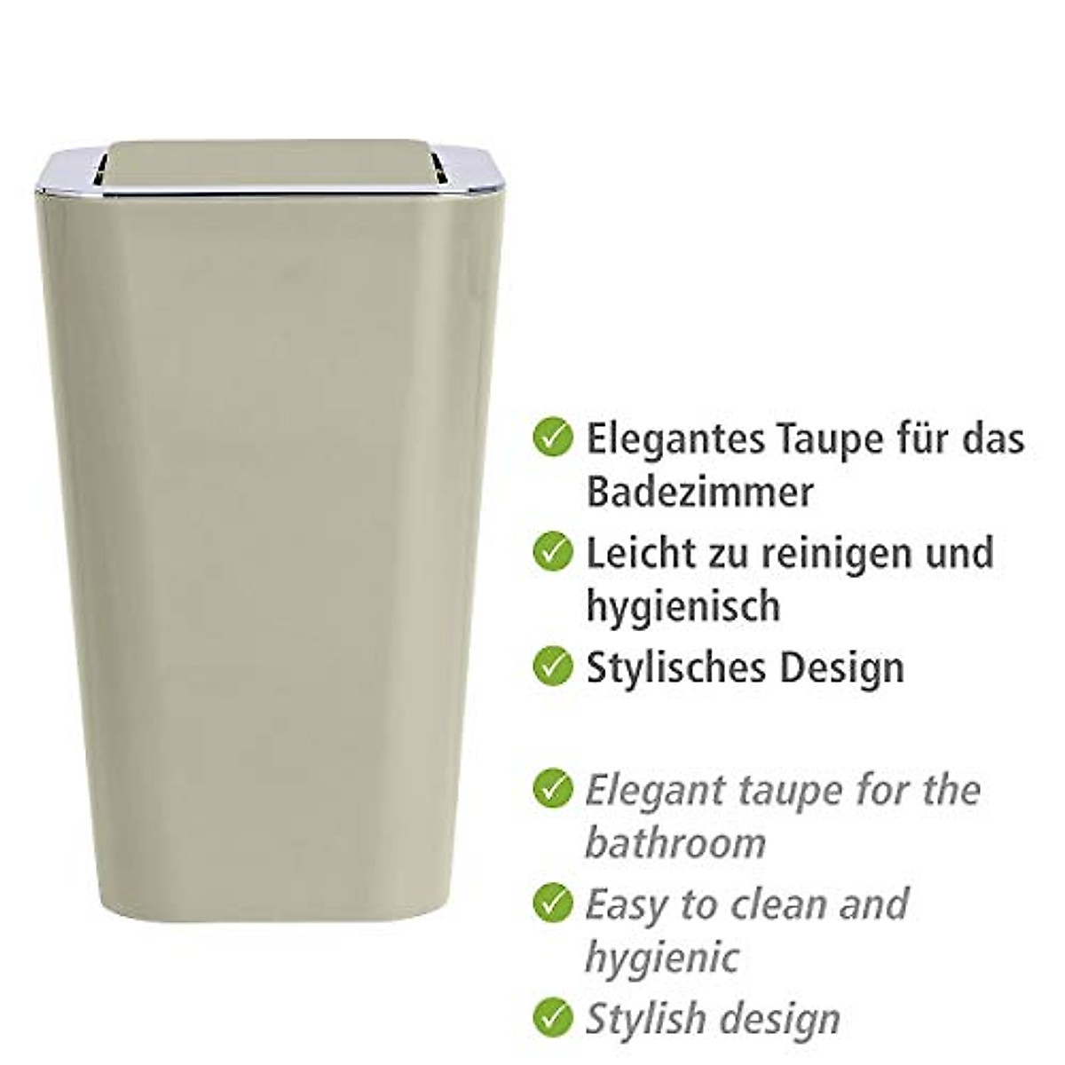 WENKO Small Trash Can with Lid, Swing Lid, Mini Waste Basket, Garbage Can, Stylish Garbage Bin for Bathroom, Bedroom, Kitchen, 1.6 Gallon, 7.1 x 11.2 x 7.1 in, Taupe