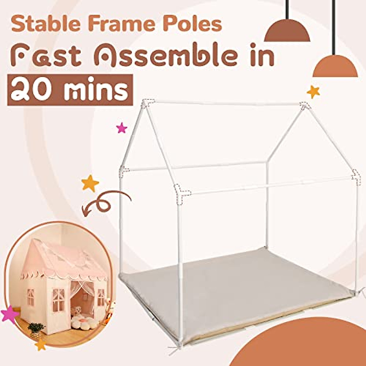 Kids Play Tent with Non-Slip Mat, Star Lights, Decorating Flag, Dots Curtains Playhouse with 4 Windows, Machine Washable, Indoor and Outdoor Play Tent for Kids, Girls, Pink, 47" x 40" x 52"