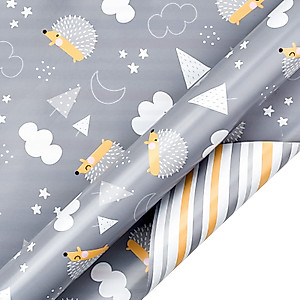 WRAPAHOLIC Reversible Baby Shower Wrapping Paper - Mini Roll - 17 Inch X 33 Feet - Cute Hedgehogs and Stripes Design for Birthday, Holiday, Party