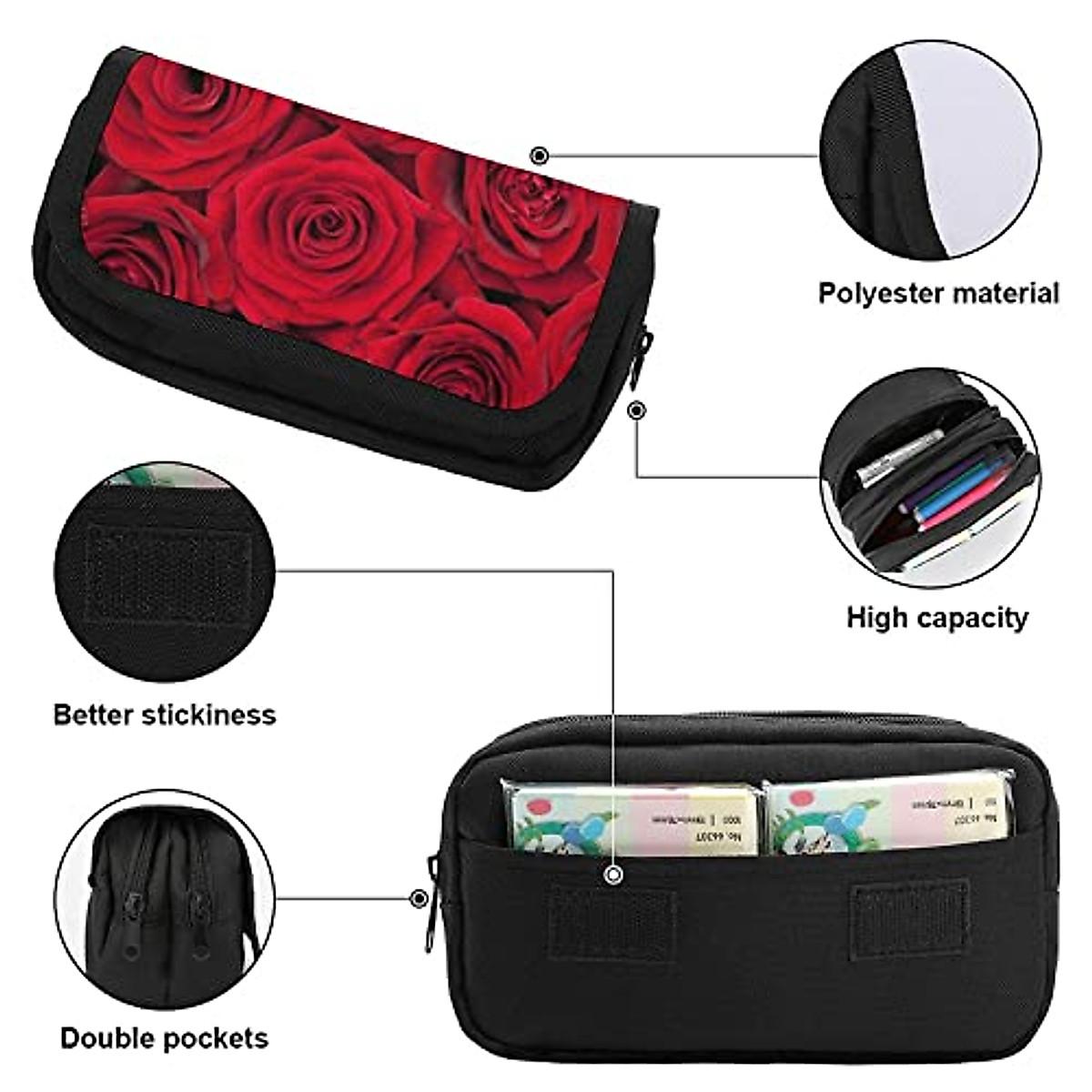 Beautiful Red Roses Pencil Case with Two Large Compartments Pocket Big Capacity Storage Pouch Pencil Bag for School Teen Adult
