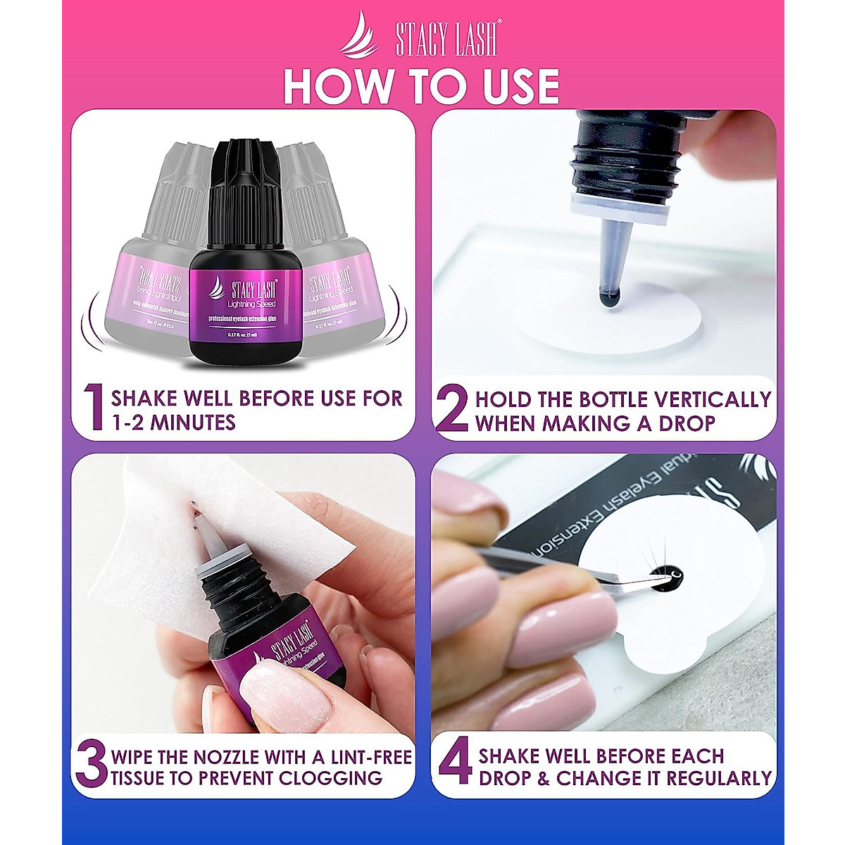 Lightning Speed Eyelash Extensions Glue – Stacy Lash 5ml /0.17 fl.oz / 0.3 Sec Dry/Retention – 6-8 Weeks/Black Adhesive/Professional Supplies