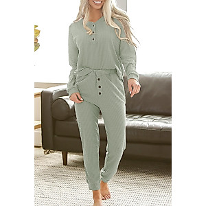 PRETTYGARDEN Women's 2 Piece Waffle Knit Lounge Outfit Long Sleeve Henley Top and Sweatpants Set Tracksuit (Light Green,Large)