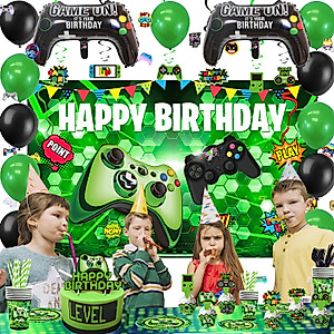 Green Gamer Birthday Party Decoration - 217Pcs Video Game Gaming Party Supplies For Boys Birthday Party - Backdrop, Table Cover, Plates, Cups, Napkins, Utensils, Hanging Swirls, Cupcake Topper, Cake