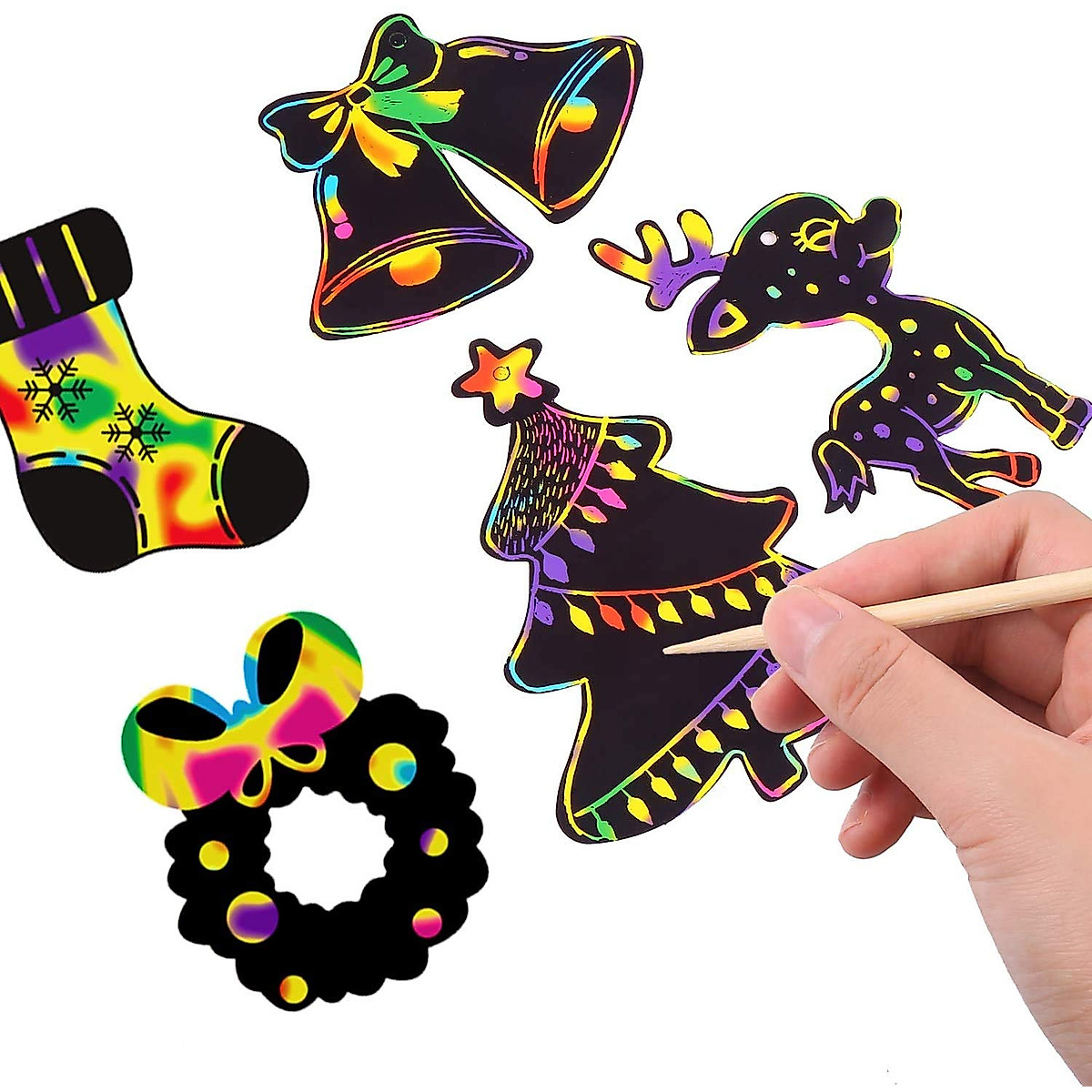 FINGOOO Scratch Art for Kids,48 Christmas Rainbow Scratch Paper Art Set with 12 Wooden Stylus Xmas Craft Decor