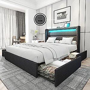 AMERLIFE King Bed Frame with RGBW LED Lights Headboard & 4 Storage Drawers, Upholstered Smart Platform Bed with USB & USB-C Ports, Box Spring Optional, Dark Grey