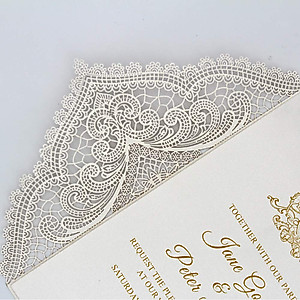 Picky Bride 25-Pack Ivory Laser Cut Lace Wedding Invitations Wraps with Shimmer Insert and Ribbon Bow, Elegant Invite Cards for Wedding/Bridal Shower/Birthday Party, 125 x 185mm (25 Invitations)