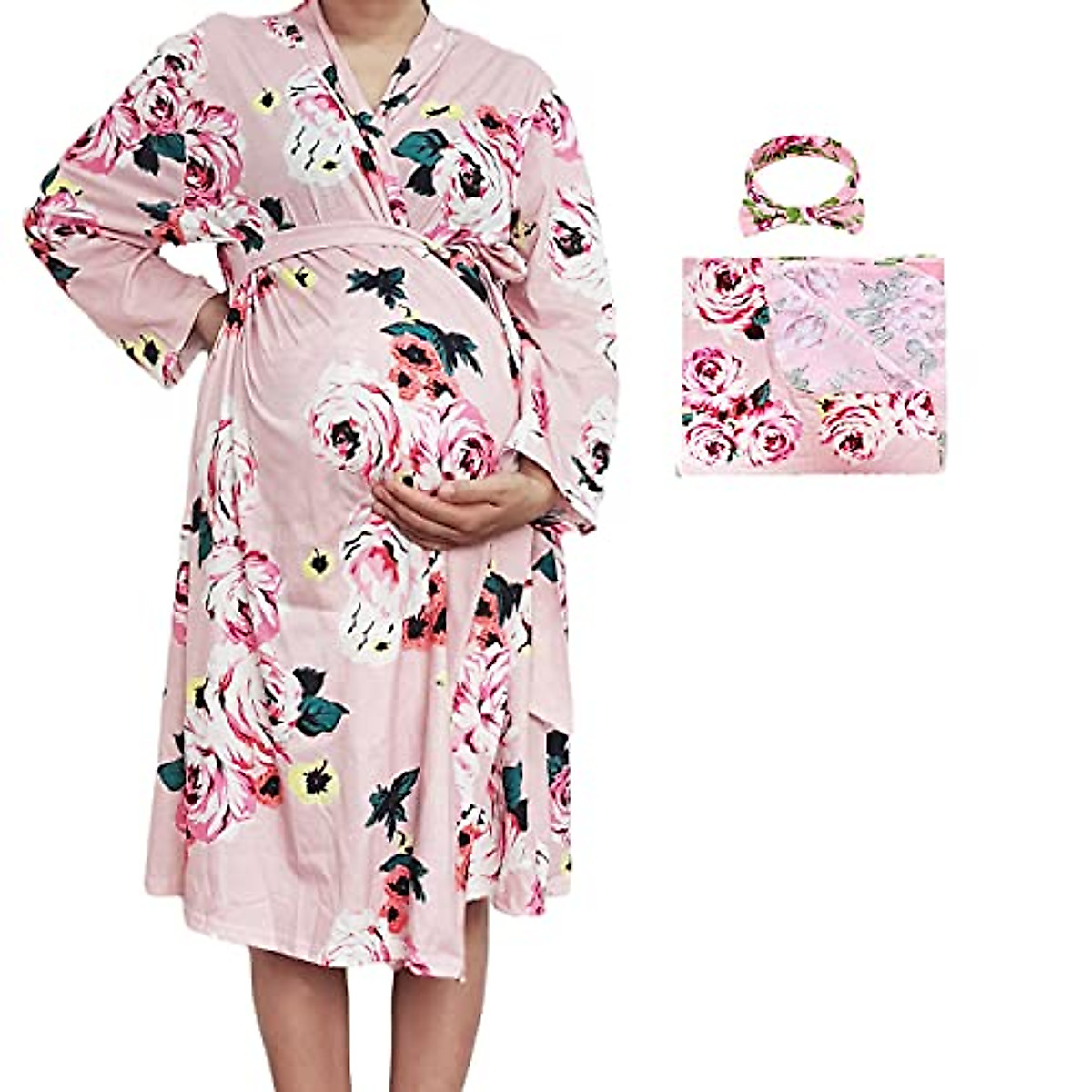 QTECLOR Matching Maternity Robe and Swaddle Blanket Set for Mommy, Maternity Robes Hospital Bag Must Have New Moms Gift