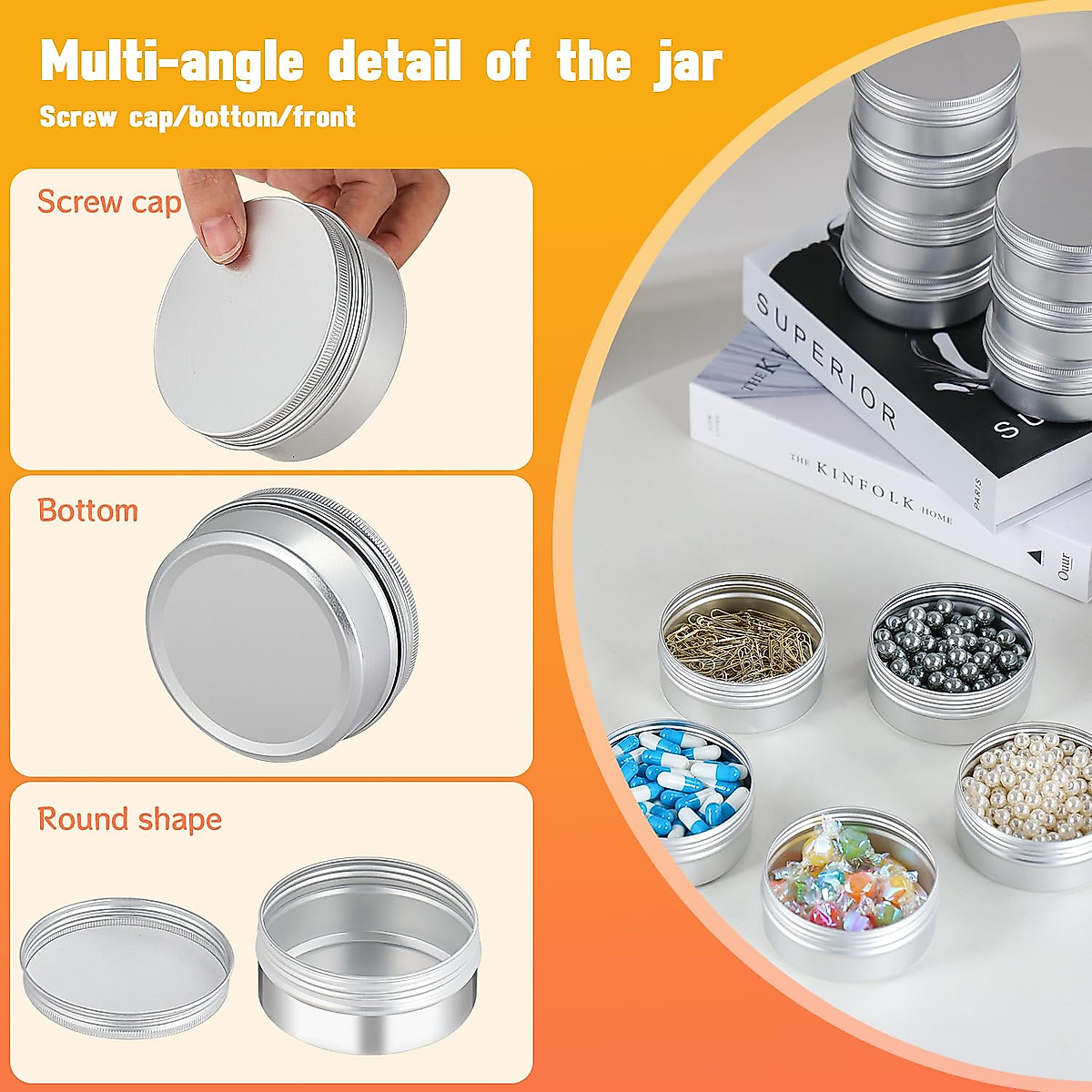 LIYAR 6 oz Tins with Lids 24 Pack Salve Tins 6 oz Aluminum Jar 180 ML Metal Container with Lid Salve Containers with Labels for Spices, Candies, Lip Balm, Candles(Silver)