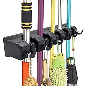 IMILLET Mop and Broom Holder, Wall Mounted Organizer-Mop and Broom Storage Tool Rack with 5 Ball Slots and 6 Hooks (Black) (One Pack)