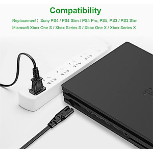 6ft 2 Prong AC Power Cord Compatible with Sony PS4 PS5 PS3 Slim, Playstation 4, Xbox One S, Xbox One X, Xbox Series X, Xbox Series S Replacement Lost Game Console Power Supply Cable