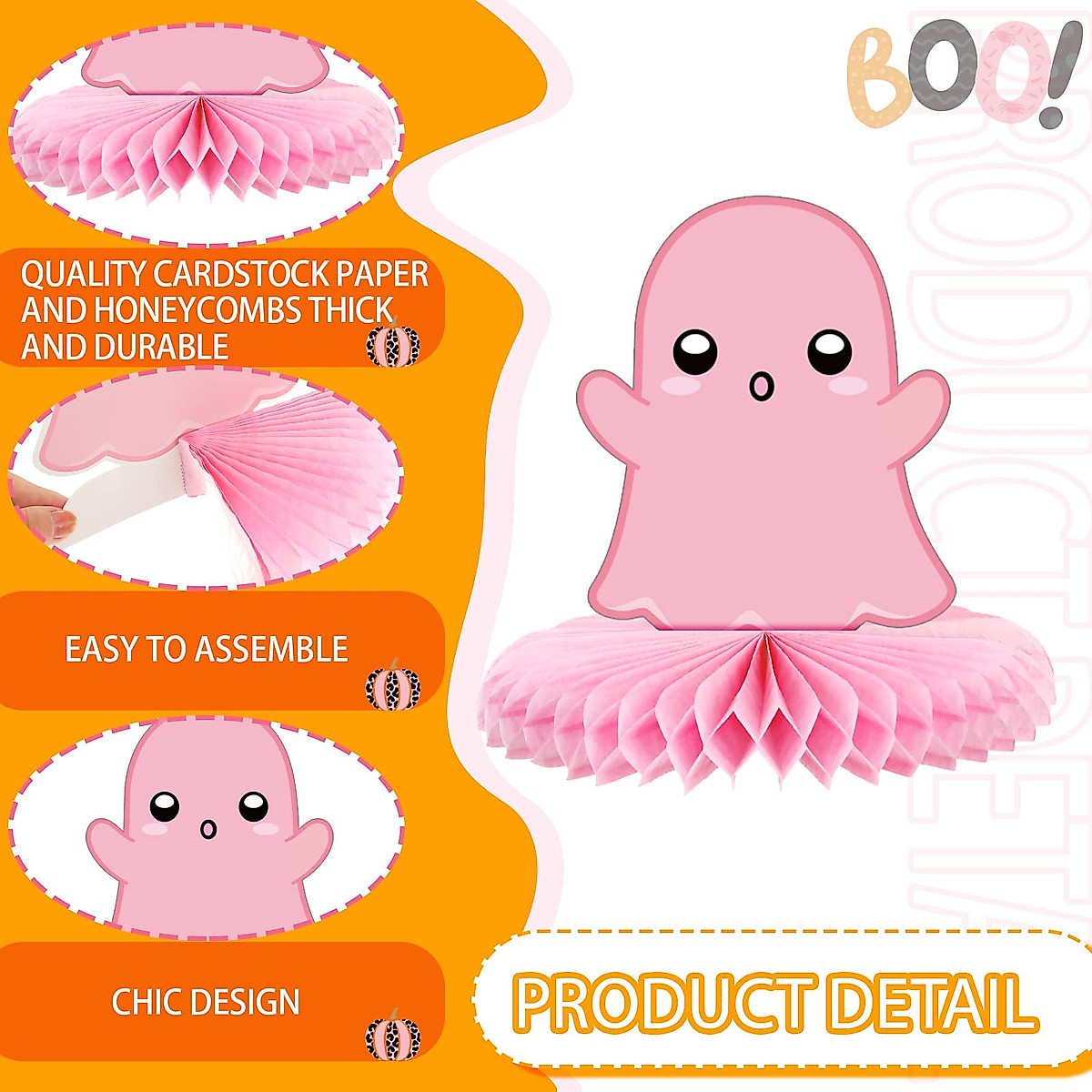 Eersida 12 Pcs Pink Halloween Table Honeycomb Centerpieces Halloween Baby Shower Decorations Pumpkin Bat Spider Halloween Birthday Table Toppers for Halloween Baby Shower Party Table Decorations