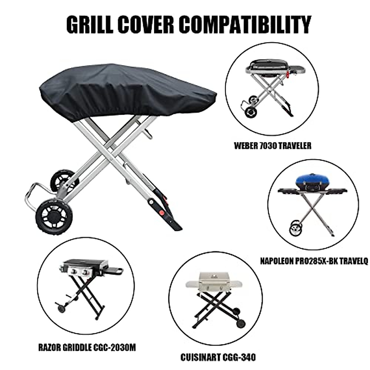 TOHONFOO Grill Cover for Weber 9010001 Traveler Portable Gas Grill - Heavy Duty Waterproof 600D Oxford Fabric and Adjustable Hem Grill Cover