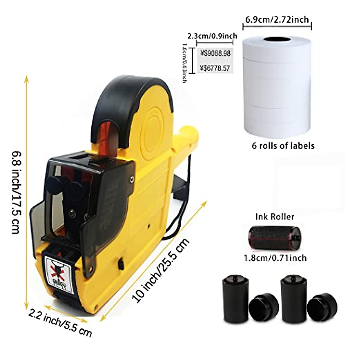 HM-689 2-Line 20 Digits Price Labeling Gun with Letters A-Z,Pricing Labeler with 3 Inkers 5 Rolls/2800 White Labels,HopingMore Tag Maker Machine with Label Cover for Office Retail Shop(YELLOW 2-LINE)